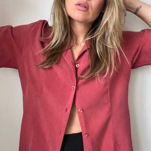 Vintage | Tops | Vintage Short Sleeve Silk Button Up In Washed Red ...